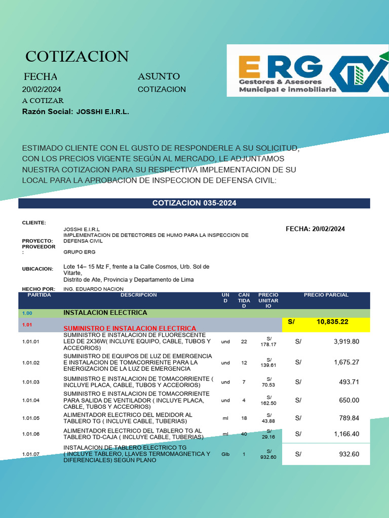Cotizacion de Instalacion Electrica Josshi E.I.R.L. Sede Ate Vitarte | PDF