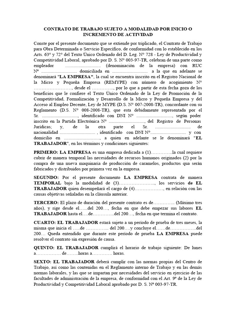 Contrato de Trabajo Sujeto A Modalidad Por Inicio o Incremento de Actividad | PDF | Derecho ...