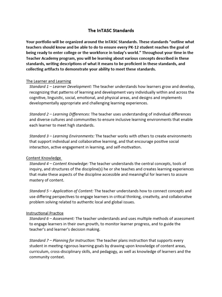 The InTASC Standards List | PDF | Learning | Teachers