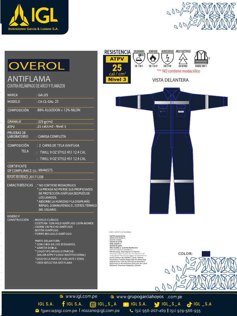 Igl Ficha Tecnica - Overol Antiflama 25 Cal | PDF