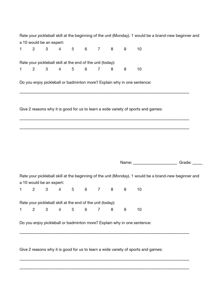 Pickleball Skill Assessment Form | PDF | Sports & Recreation