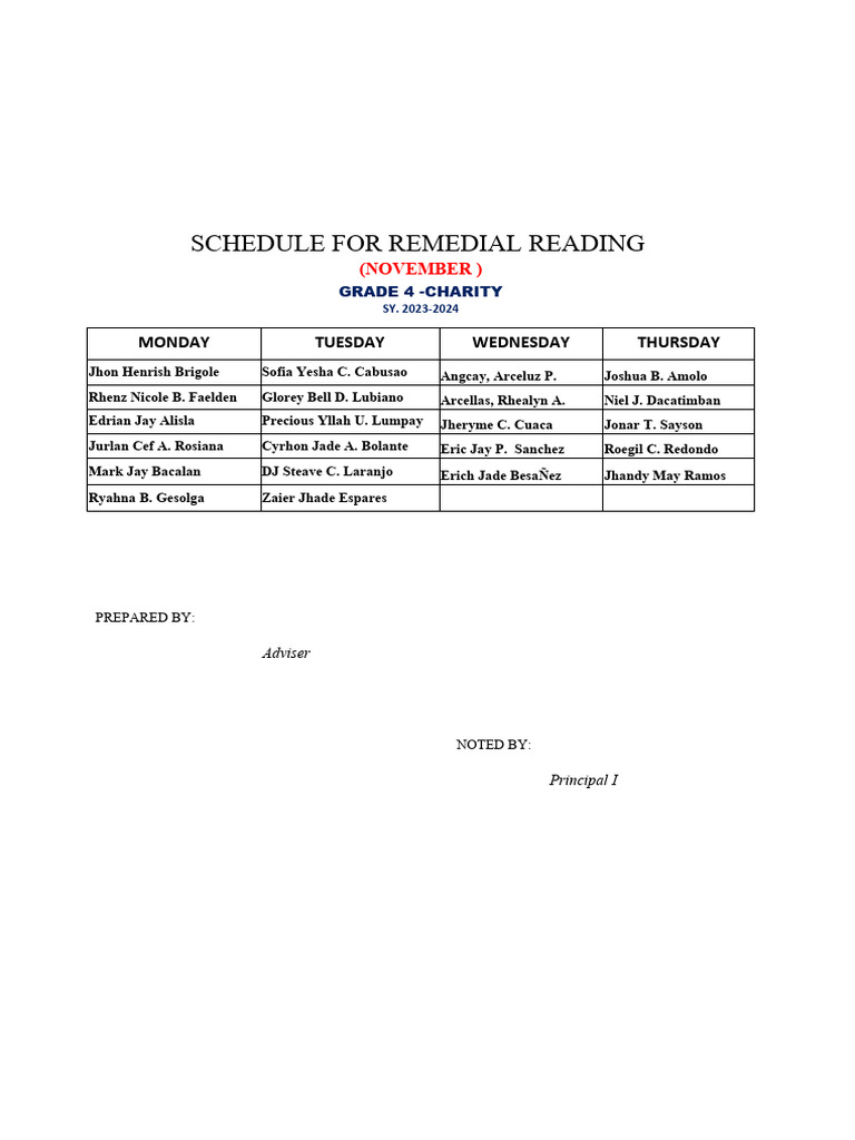 Remedial Schedule Grade 44 | PDF