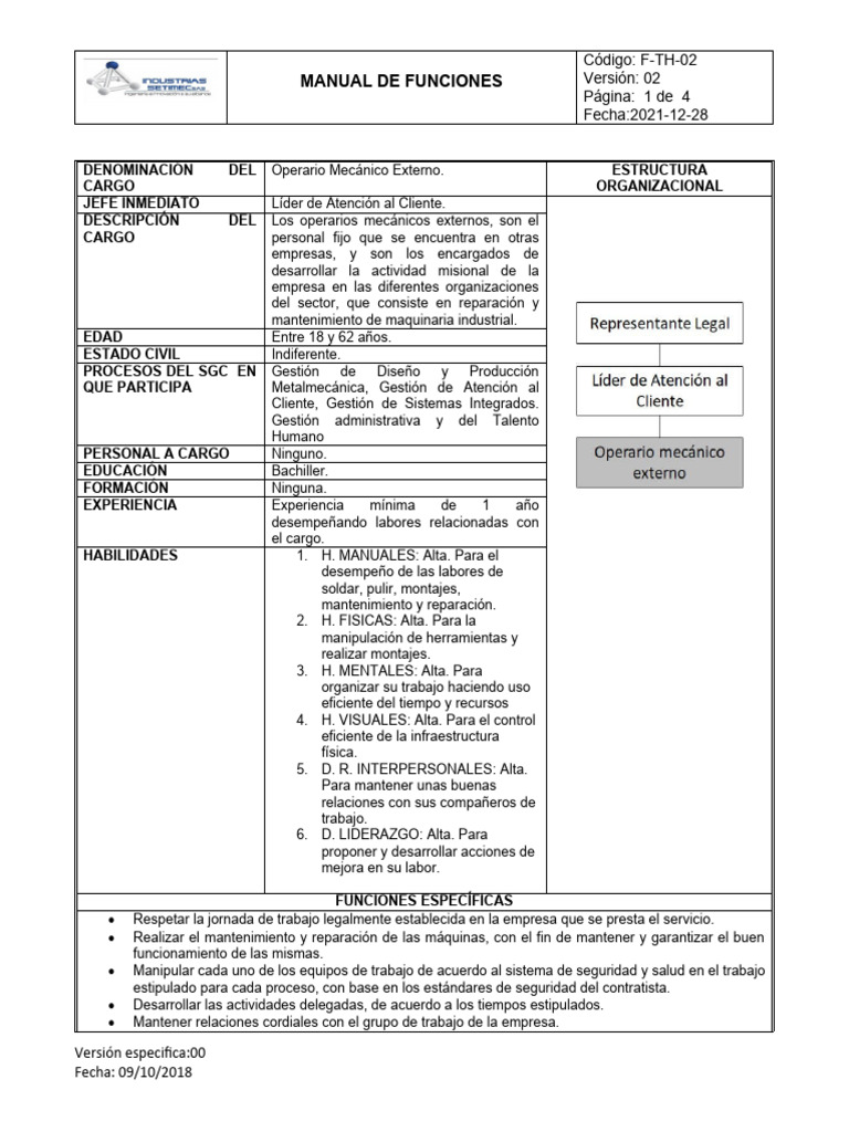 Manual de Funciones: Operario Mecánico | PDF | Business | Diseño