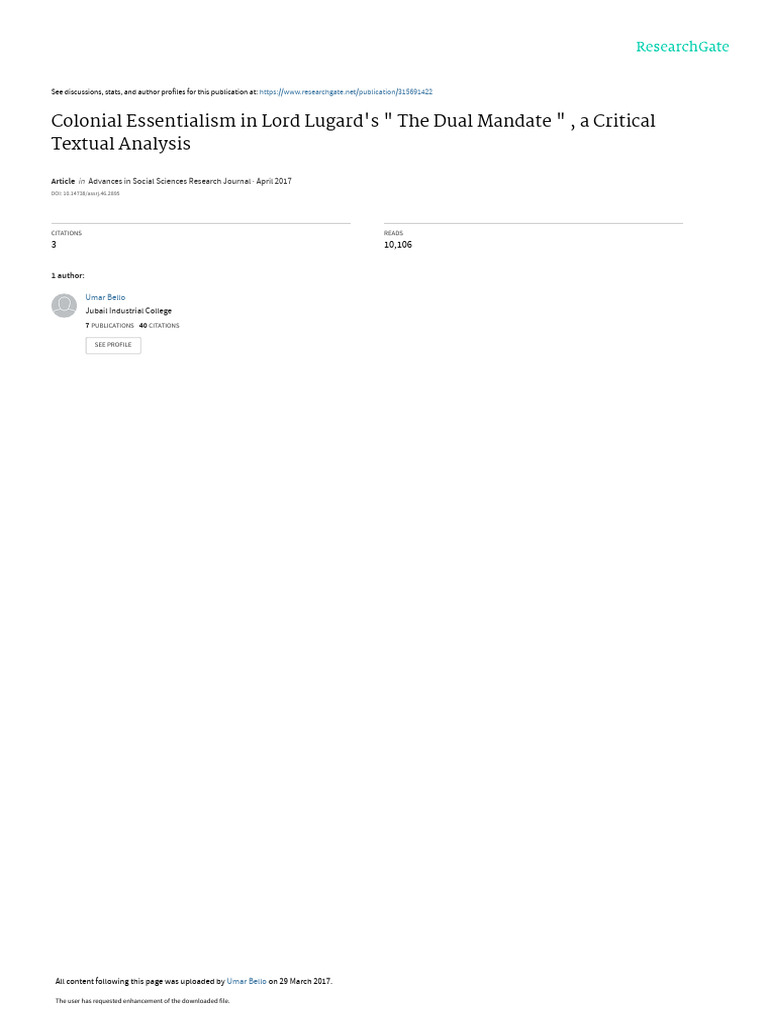 01 - Colonial Essentialism in Lord Lugard's The Dual Mandate, A ...