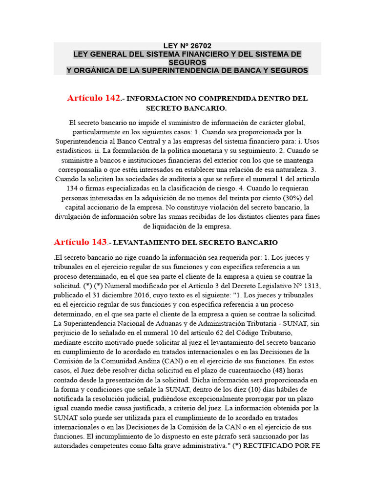 LEY #26702, Articulo 142y143 | PDF
