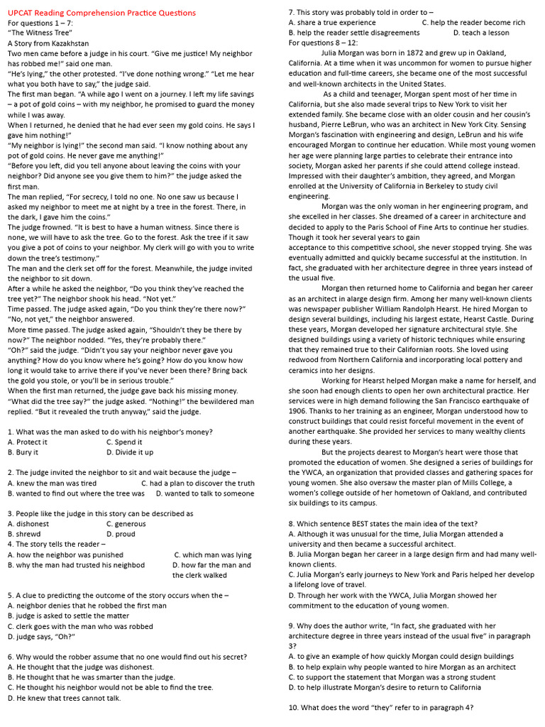 UPCAT Reading Comprehension Practice Questions | PDF