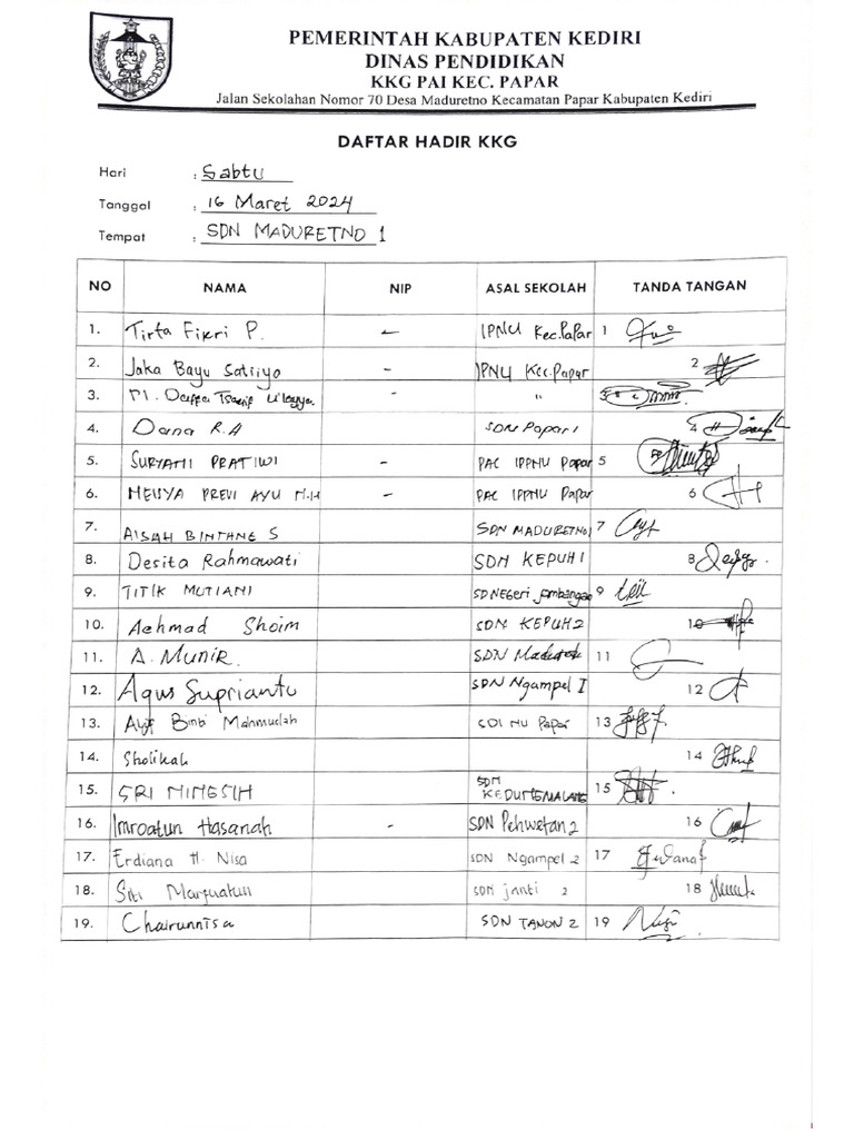 Absensi KKG Pai Maret 2024 | PDF