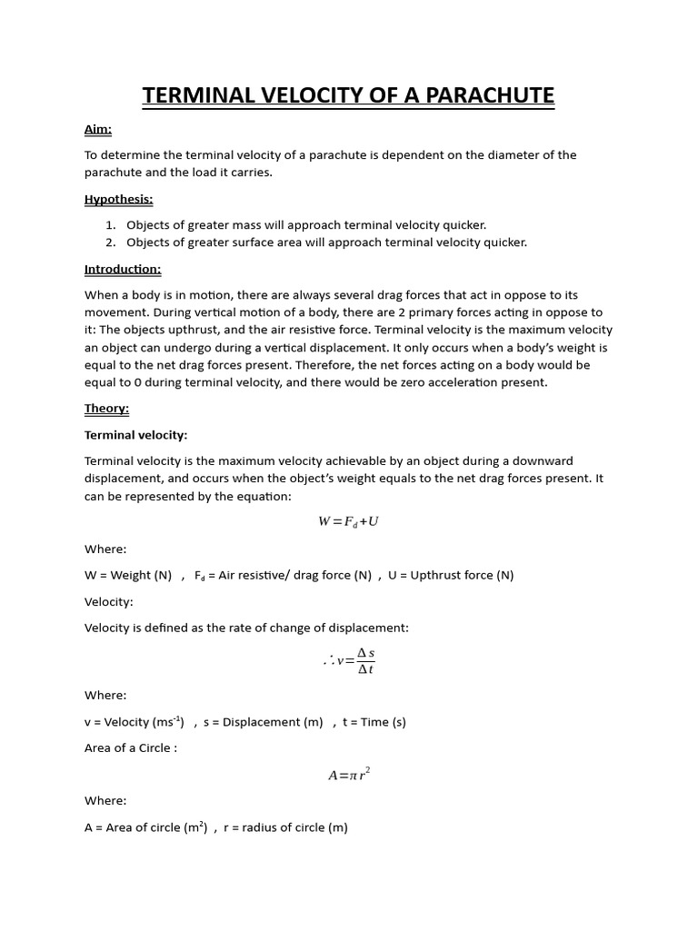 Terminal Velocity of A Parachute | PDF | Force | Velocity