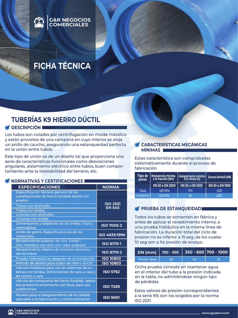 TUBERIA K9 HIERRO DUCTIL-FICHA TECNICA 2024 (1) | PDF