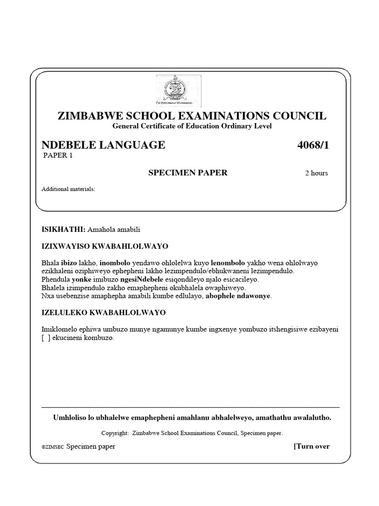 O-Levels Ndebele Exemplar | PDF | Secondary Education | Qualifications