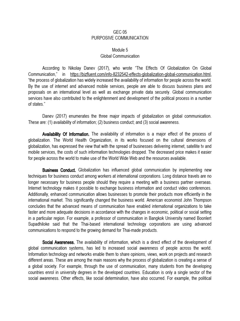 GEC 05 Module 5. Global Communication | PDF | Globalization | Communication