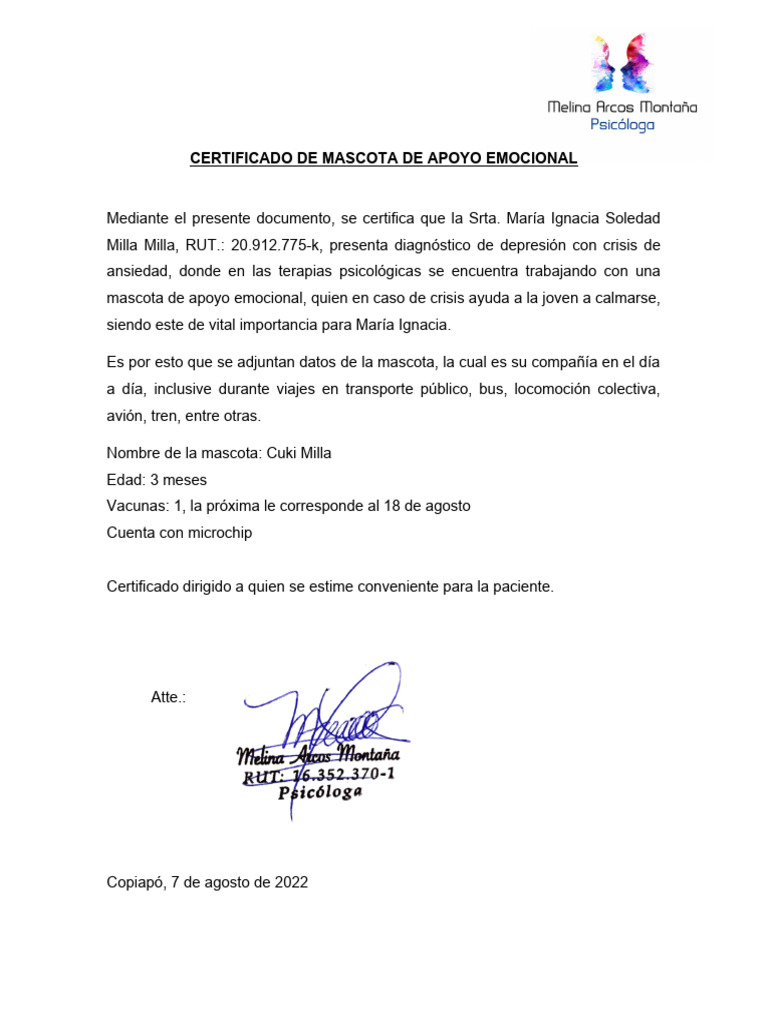 Certificado de Mascota de Apoyo Emocional | PDF