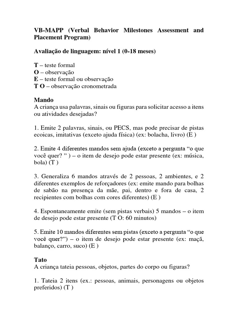 Protocolo VB-MAPP Traduzido PDF | PDF | Aprendizado | Pronome