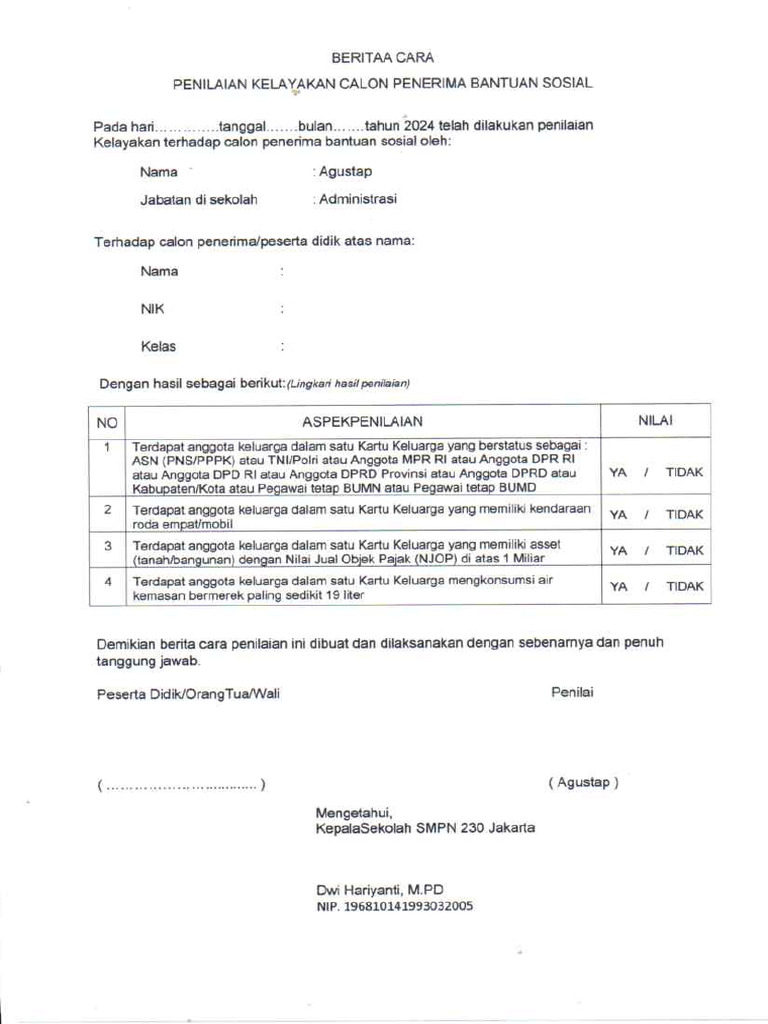 Berita Acara Penilaian Kjp Kls 9 | PDF