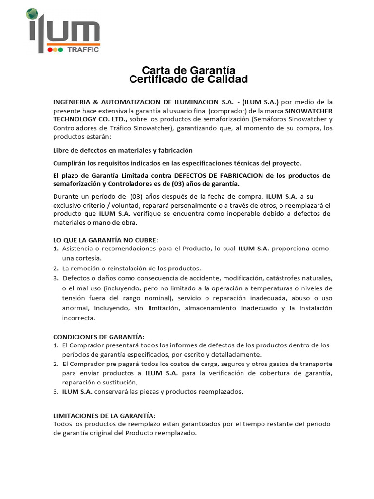 Carta de garantia comercial Ilum SA | PDF