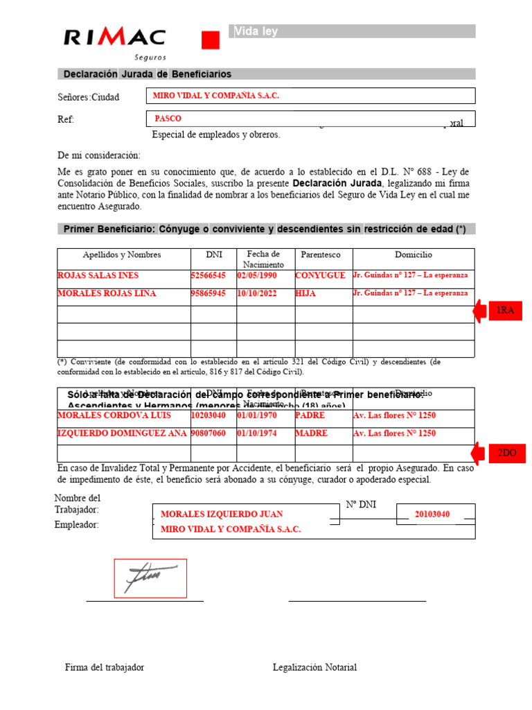 Formato Declaración Beneficiarios Vida Ley Ago2011 v2 | PDF | Instituciones sociales