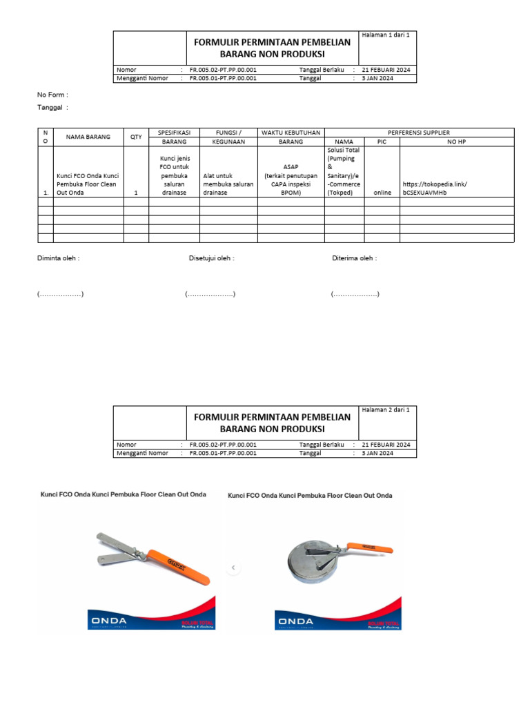 Formulir Permintaan Pembelian Barang Non Prod - Kunci FCO Onda Kunci ...