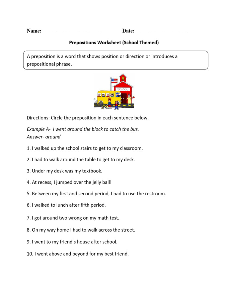 School-Themed Prepositions Worksheet | PDF