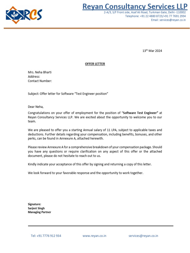 Offer Letter Formate | PDF | Salary | Employment