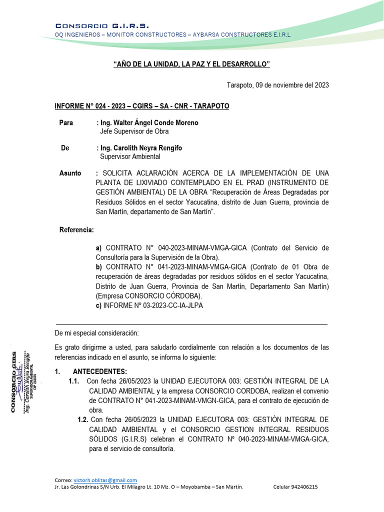 Informe #024 - Solicita Aclaración de Planta de Lixiviados Que Contempla El Prad | PDF