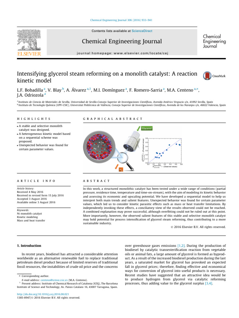 Intensifying Glycerol Steam Reforming On A Monolith Catalyst - A Reaction Kinetic Model | PDF ...