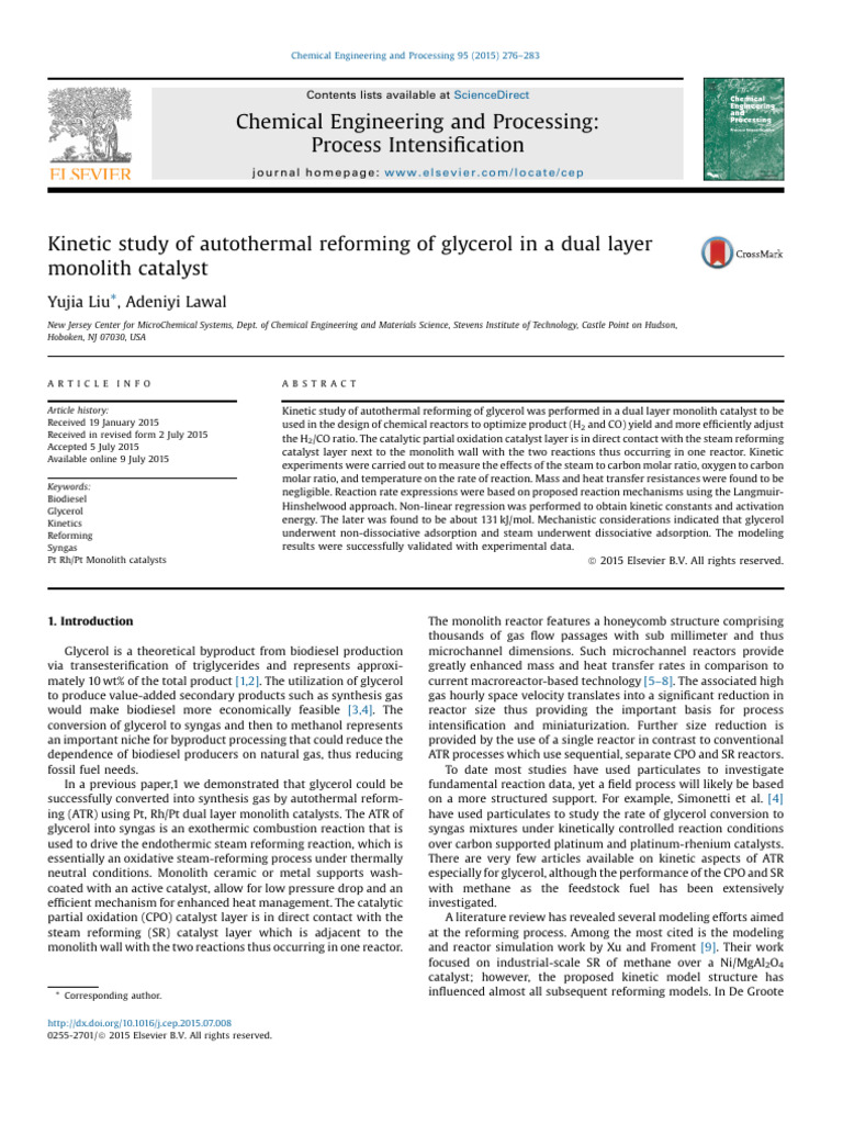 Kinetic Study of Autothermal Reforming of Glycerol in A Dual Layer ...