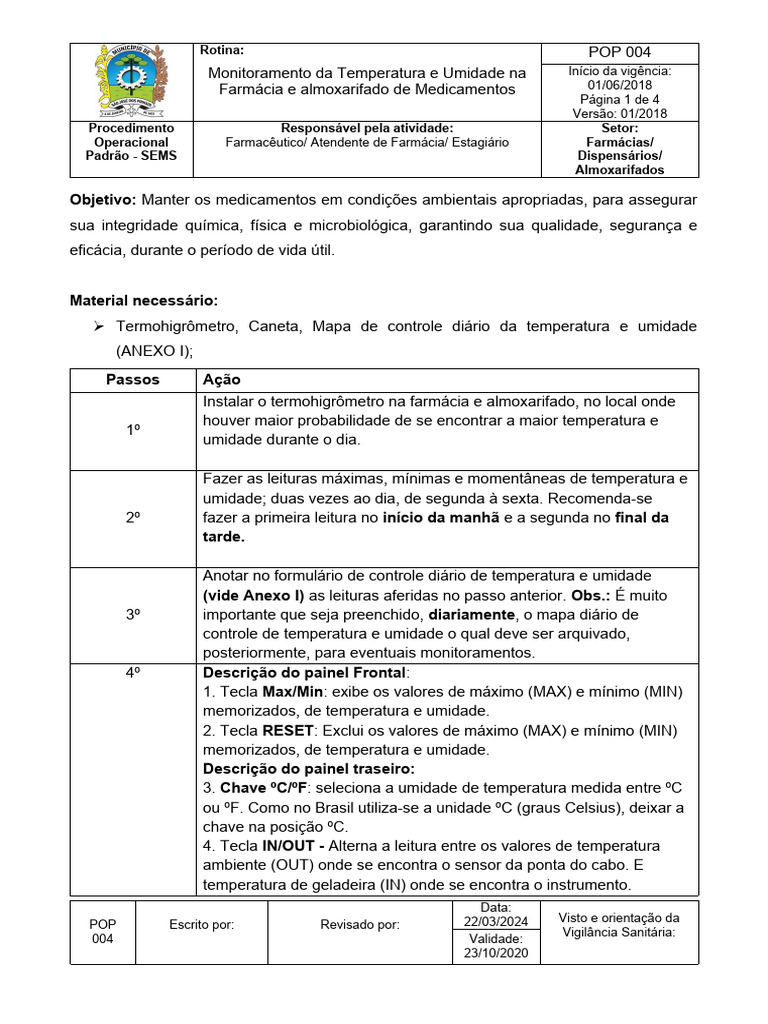 POP 004 Monitoramento de Umidade e Temperatura | PDF | Farmacêutico ...