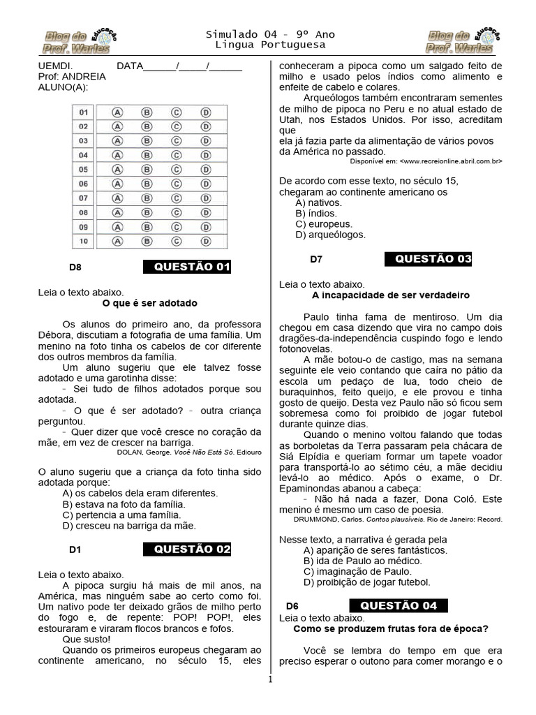 Simulado 4 (Port. 9º Ano - Blog Do Prof. Warles) | PDF