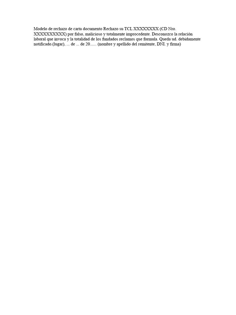 Modelo de Rechazo de Carta Documento Por Improcedente o Malicia | PDF Modelo de Rechazo de Carta Documento Por Improcedente o Malicia | PDF