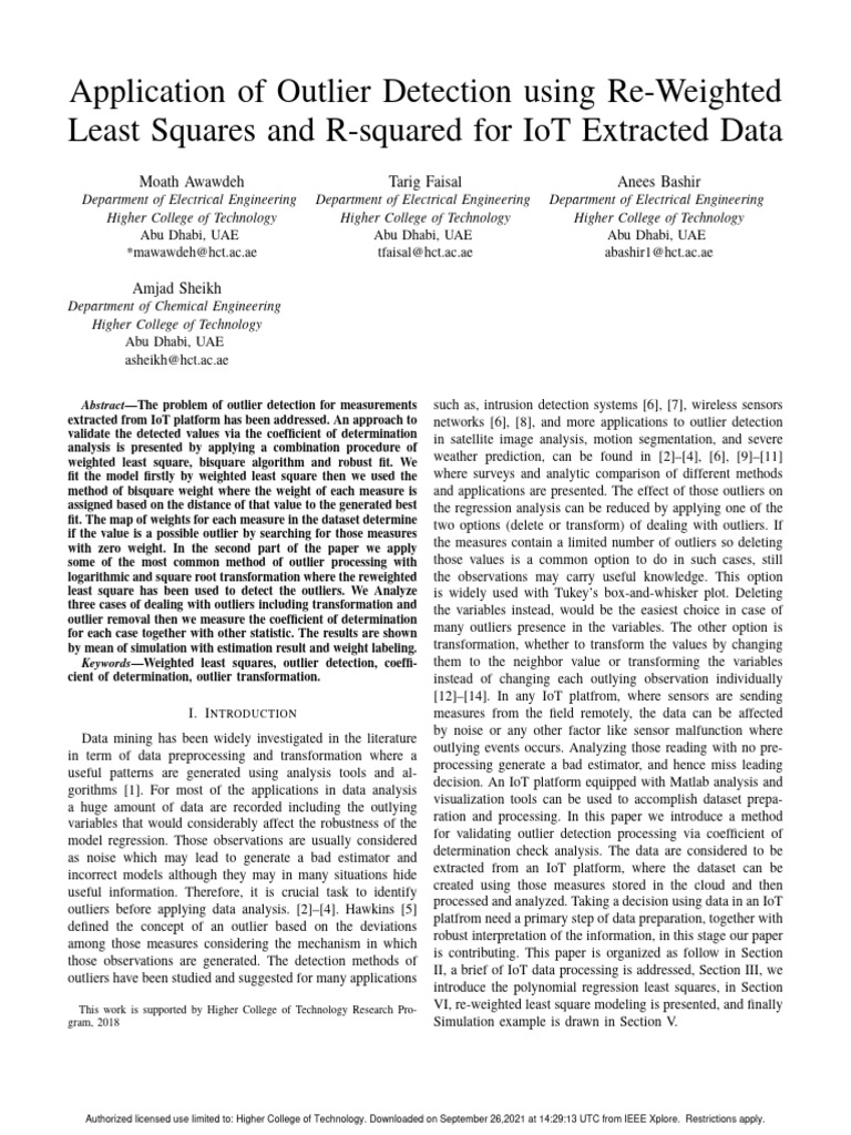 (C) 2019 Application of Outlier Detection Using Re-Weighted Least Squares and R-Squared For IoT ...