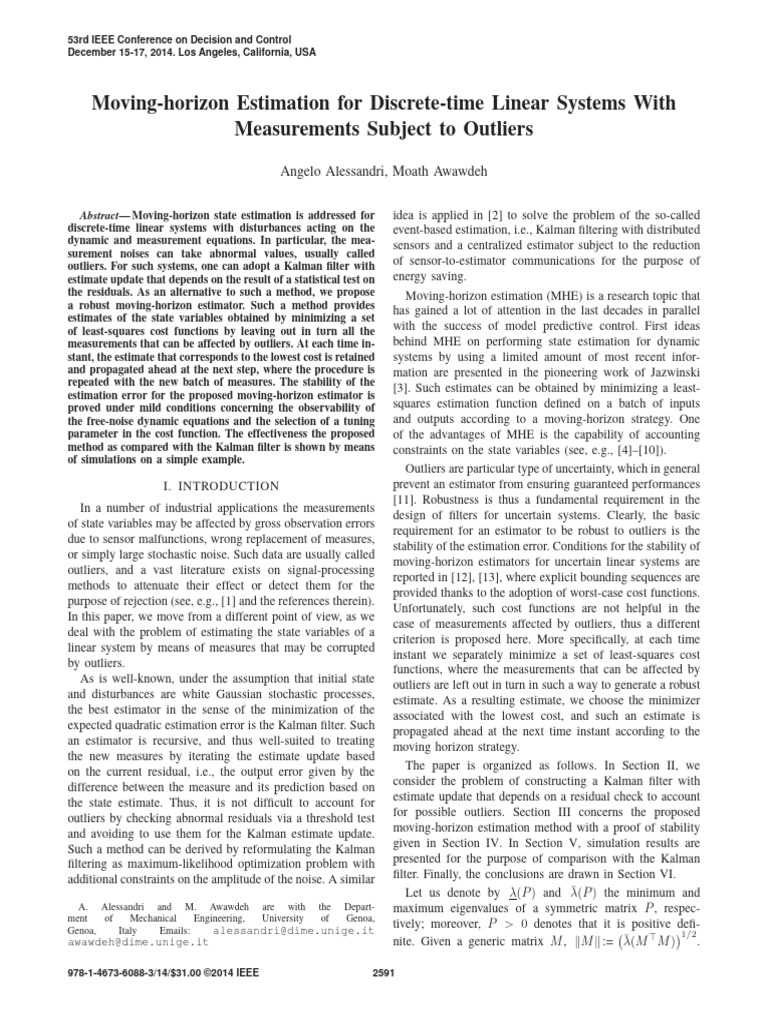 (C) 2014 - Moving-Horizon Estimation For Discrete-Time Linear Systems With | PDF | Teaching ...