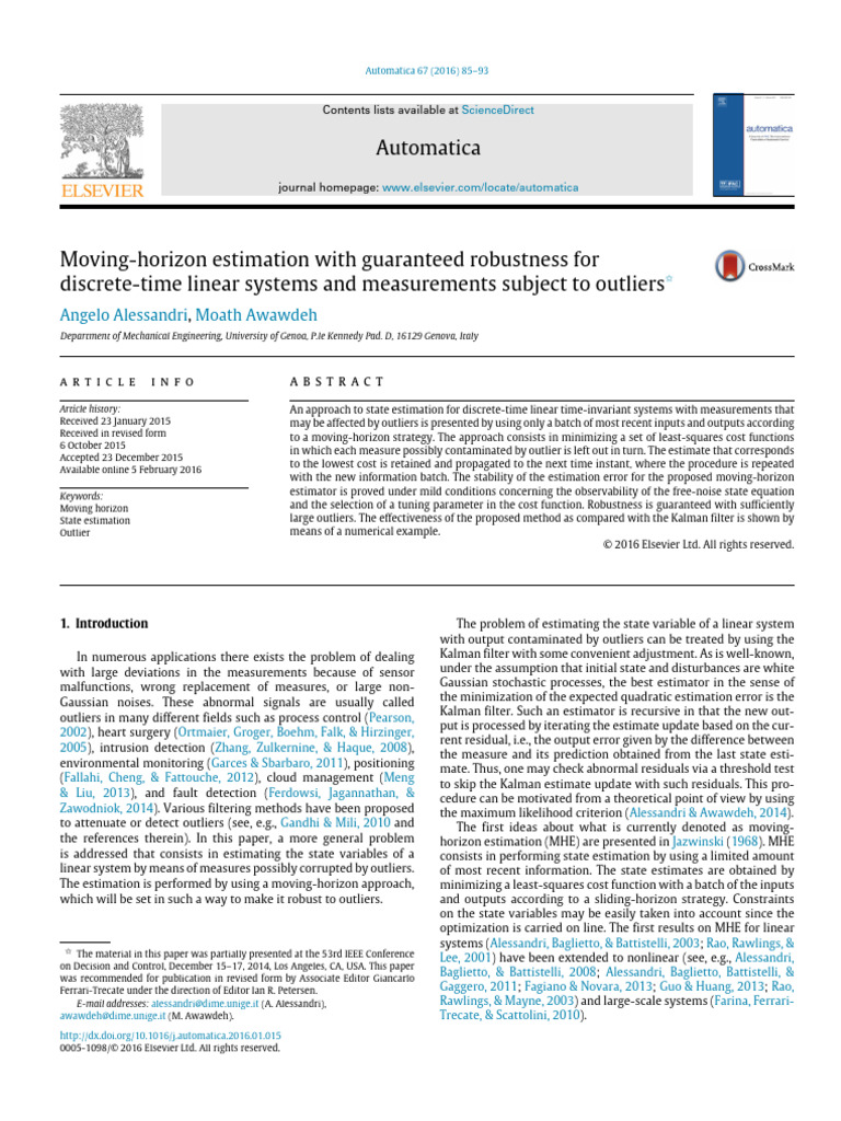 (J) 2016 - Moving-Horizon Estimation With Guaranteed Robustness | PDF | Robust Statistics ...