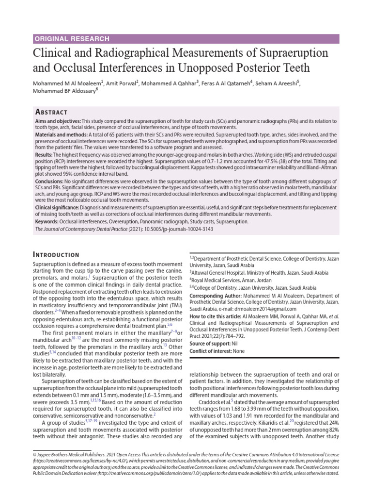 Supraeruption in Unopposed Molars | PDF | Human Tooth | Dentistry