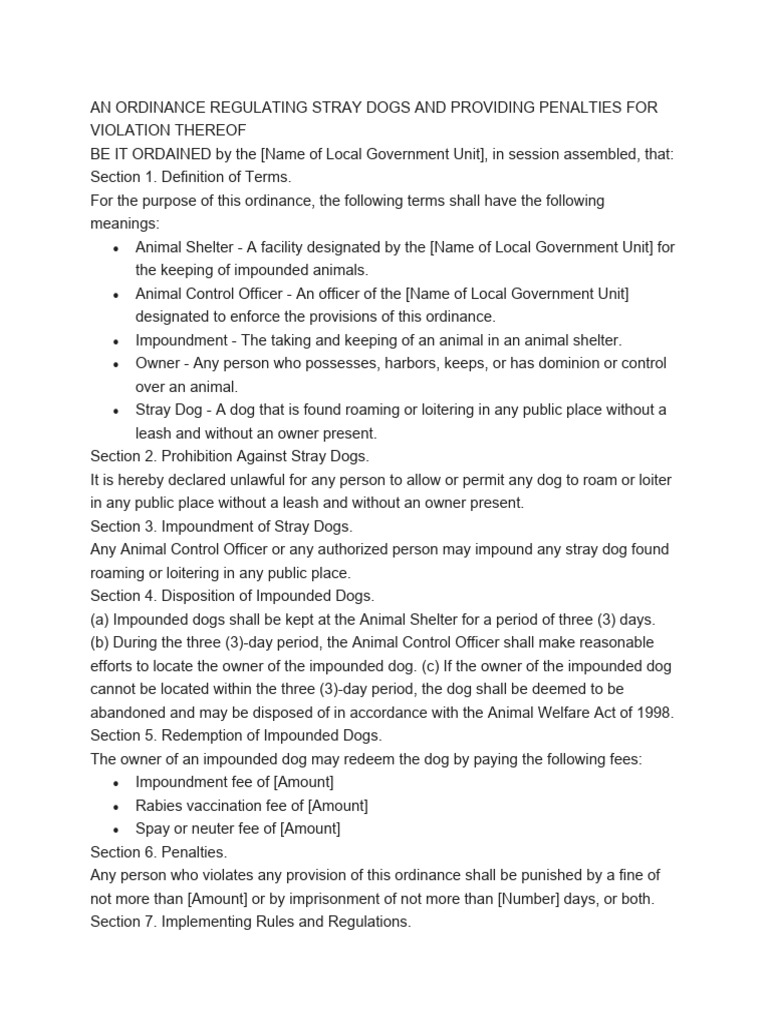 An Ordinance Regulating Stray Dogs and Providing Penalties For ...