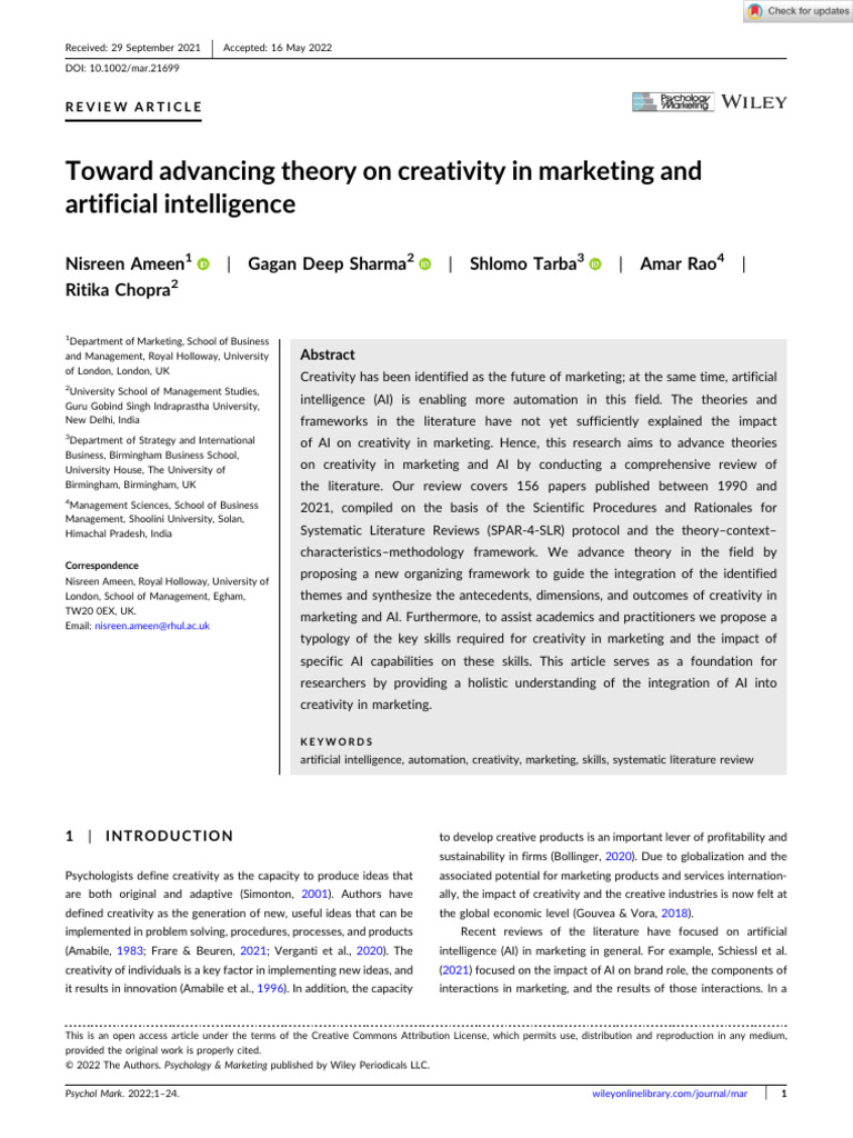 Psychology and Marketing - 2022 - Ameen - Toward Advancing Theory On Creativity in Marketing and ...
