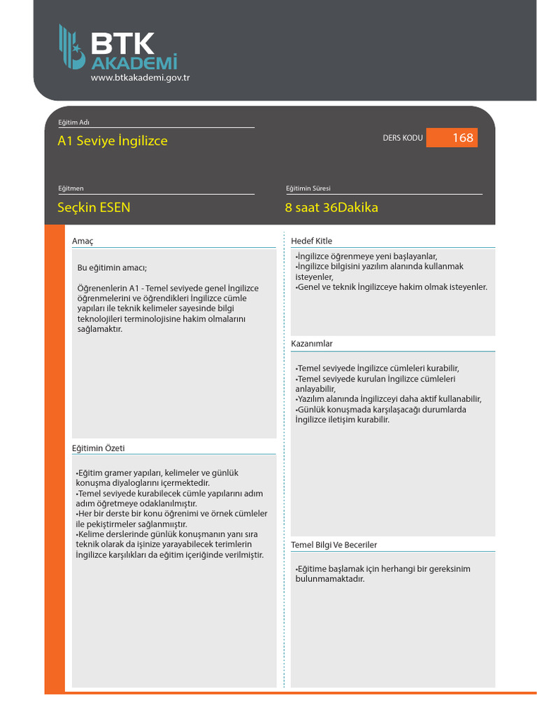 A1 Seviye İngilizce Eğitim Bilgi Formu | PDF