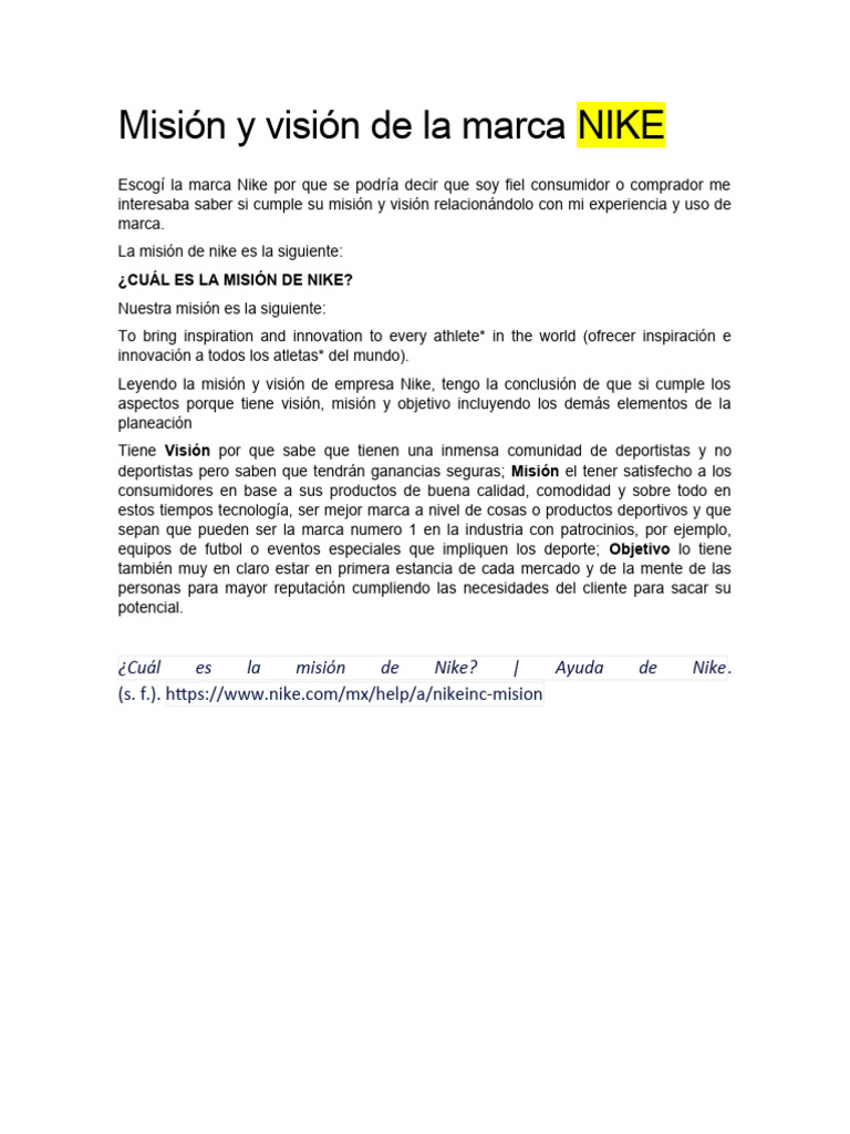 Misión y visión de la marca NIKE | PDF