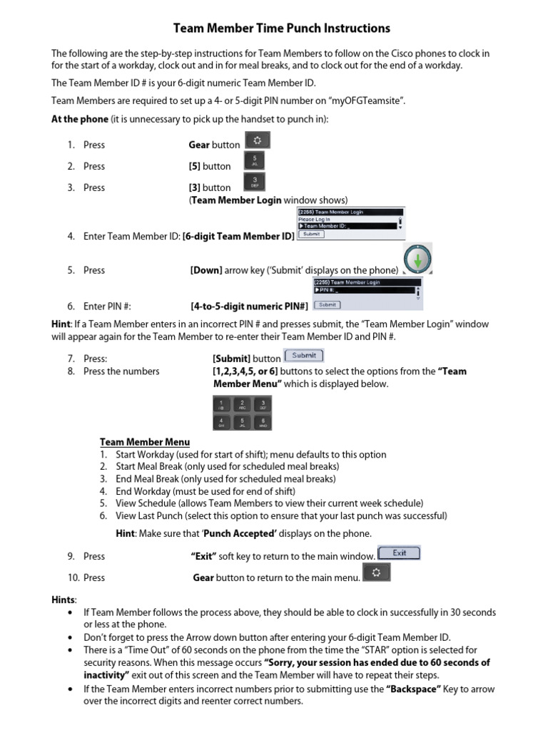 Team Member Time Punch Instructions | PDF | Personal Identification ...