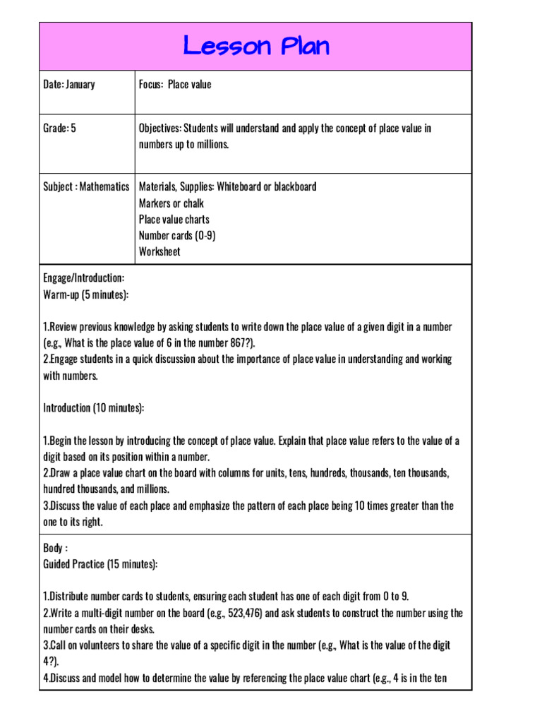 Mathematics Grade 5 Lesson Plan PDF | PDF | Lesson Plan | Numbers