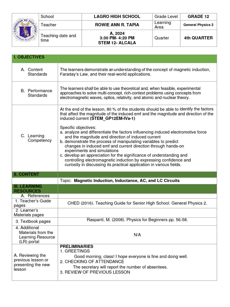 TAPIA - Lesson Plan - Electromagnetism | PDF | Electromagnetic ...