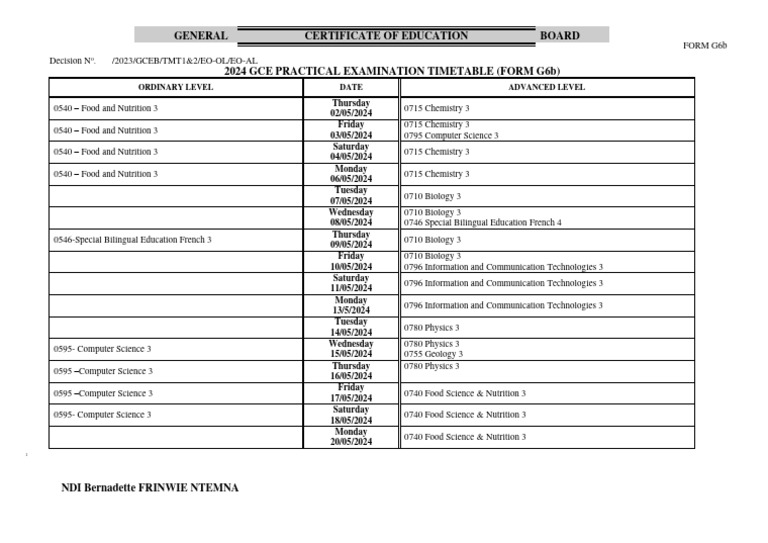 2024 GCE Practicals TimeTable | PDF | Food Science