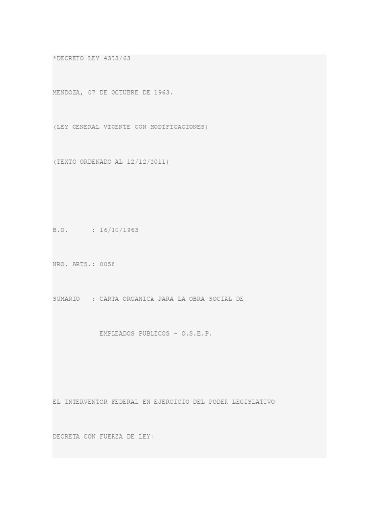 Decreto Ley 4373-Carta Organica Osep | PDF