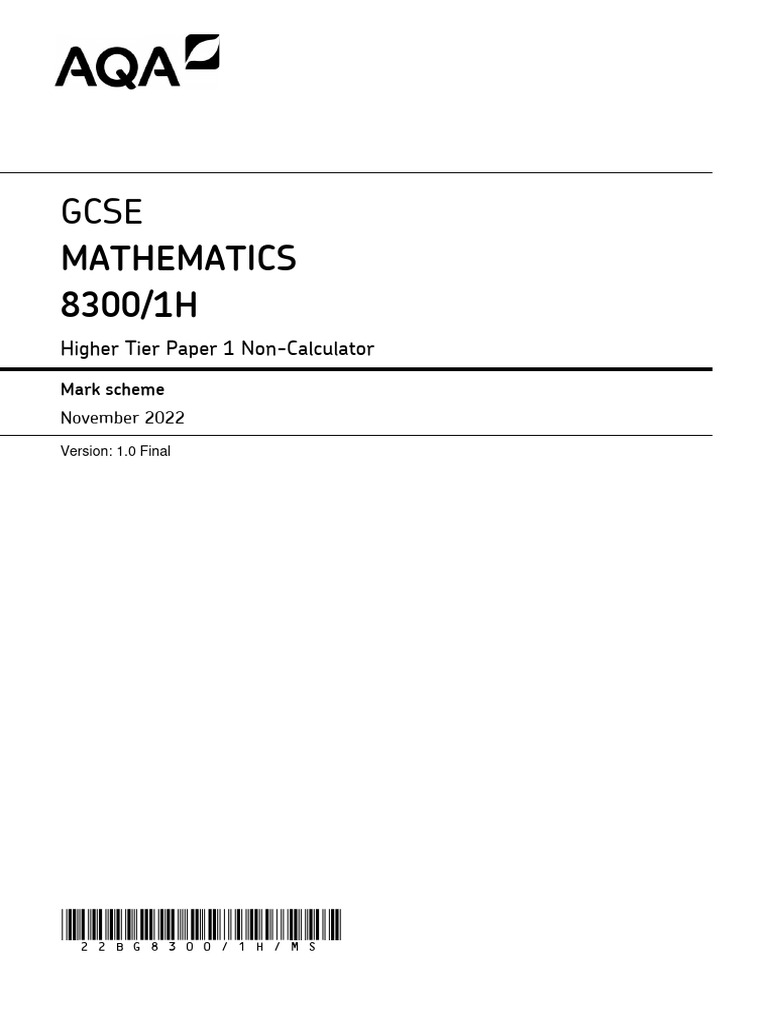 AQA GCSE Maths Higher Paper 1 Mark Scheme November 2022 | PDF