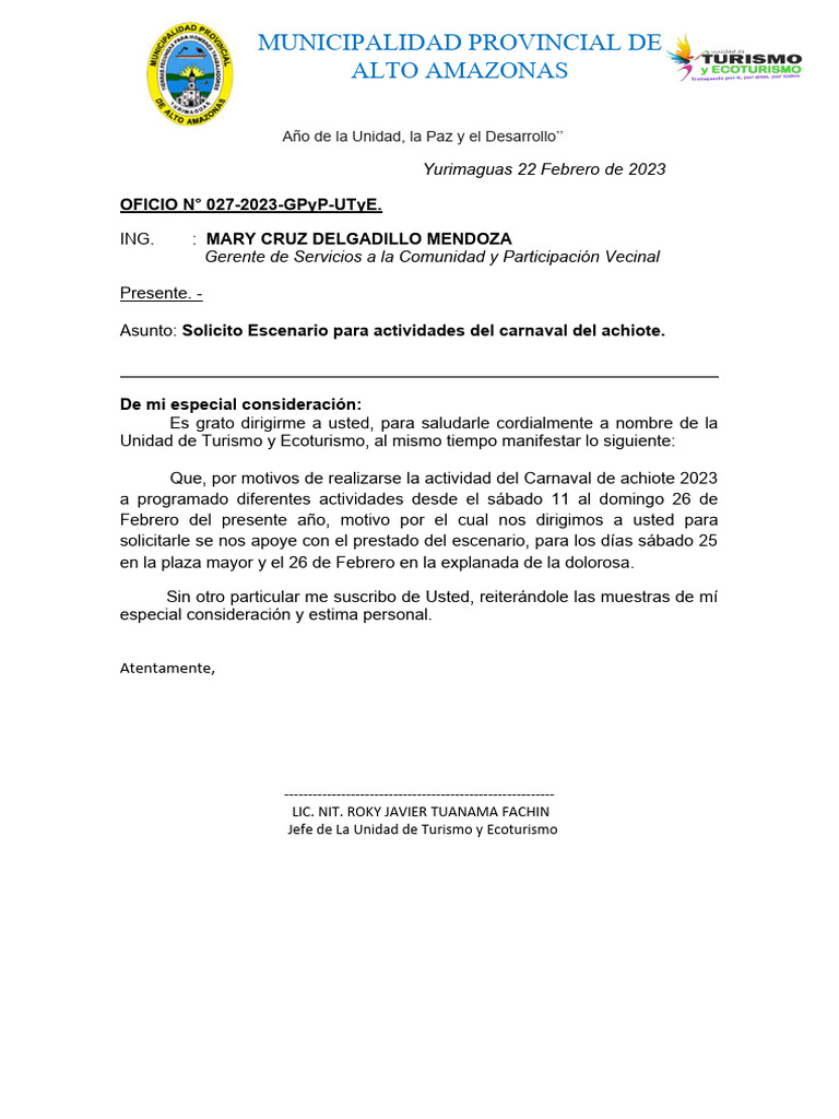 OFICIO #027 - Solicito Escenario | PDF