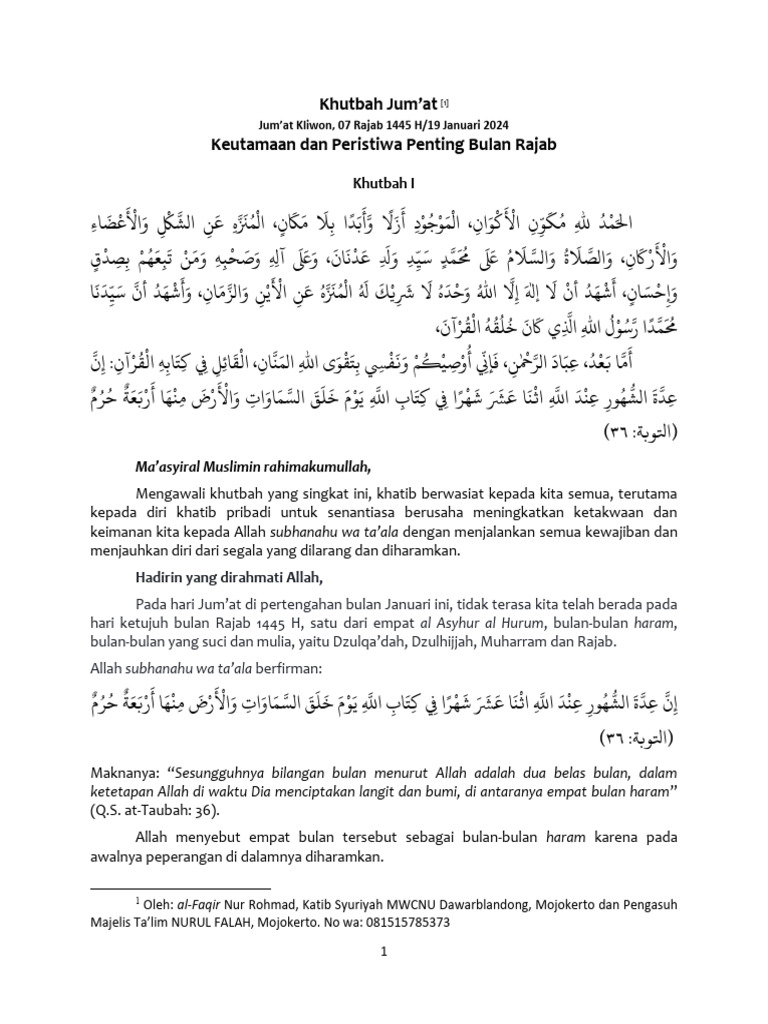Khutbah Keutamaan Dan Peristiwa Penting Bulan Rajab | PDF