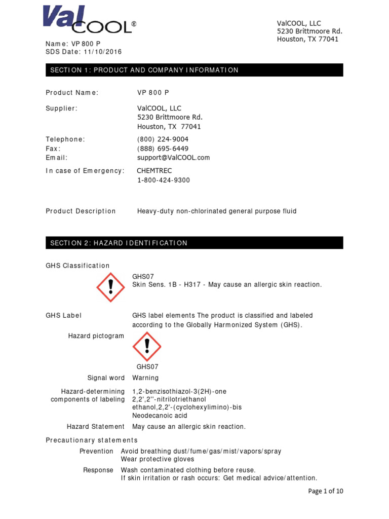 MSDS VP 800 | PDF | Occupational Safety And Health | Safety