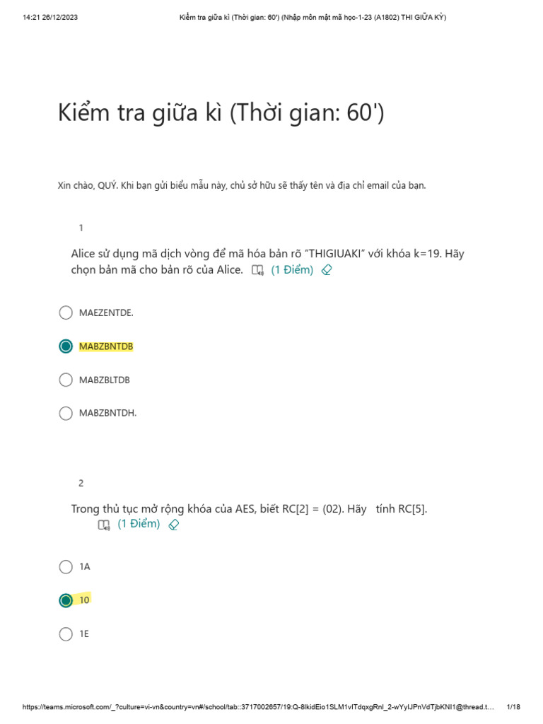 1 Chung Nhập môn mật mã học 1 23 A1802 THI GIỮA KỲ - Microsoft Teams classic | PDF