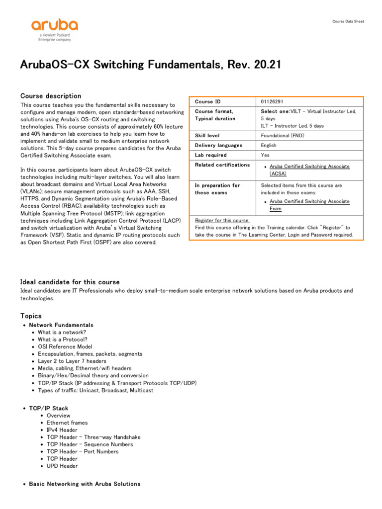 ArubaOS CX Switching Fundamentals Datasheet | PDF | Transmission Control Protocol | Computer Network