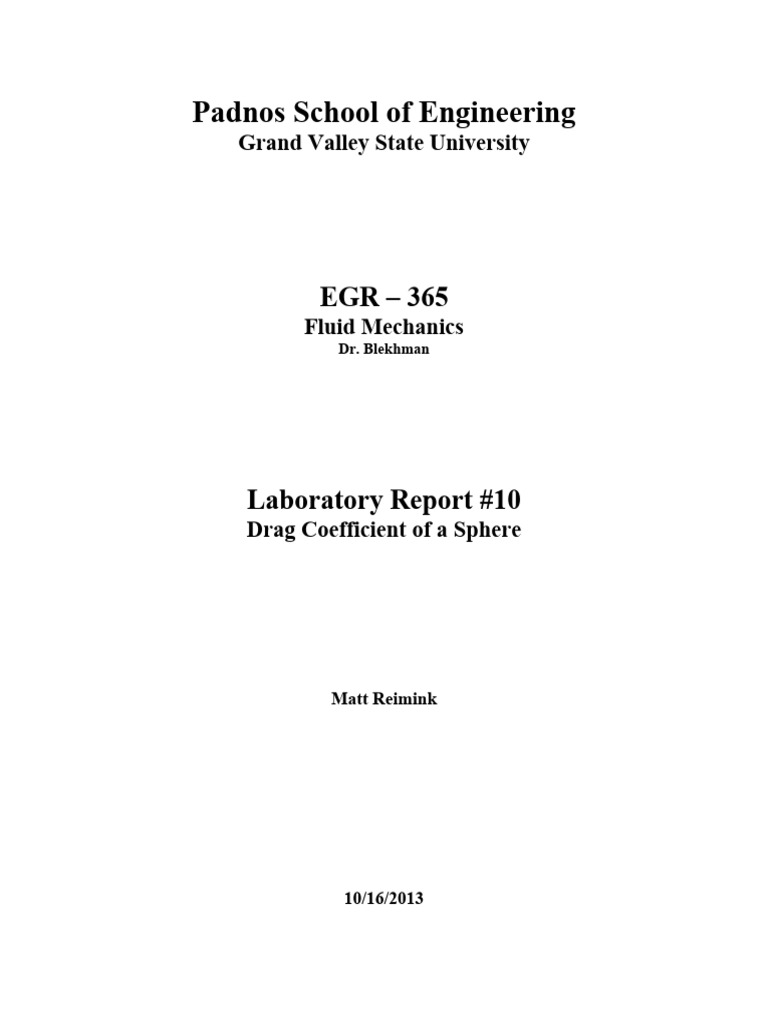 Laboratory Report 10 Drag On A Sphere 2 | PDF | Drag (Physics) | Force