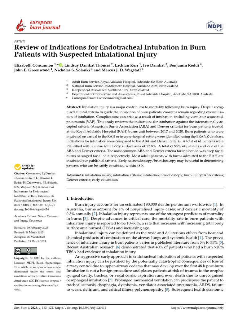Review of Indications For Endotracheal Intubation in Burn Patients With ...